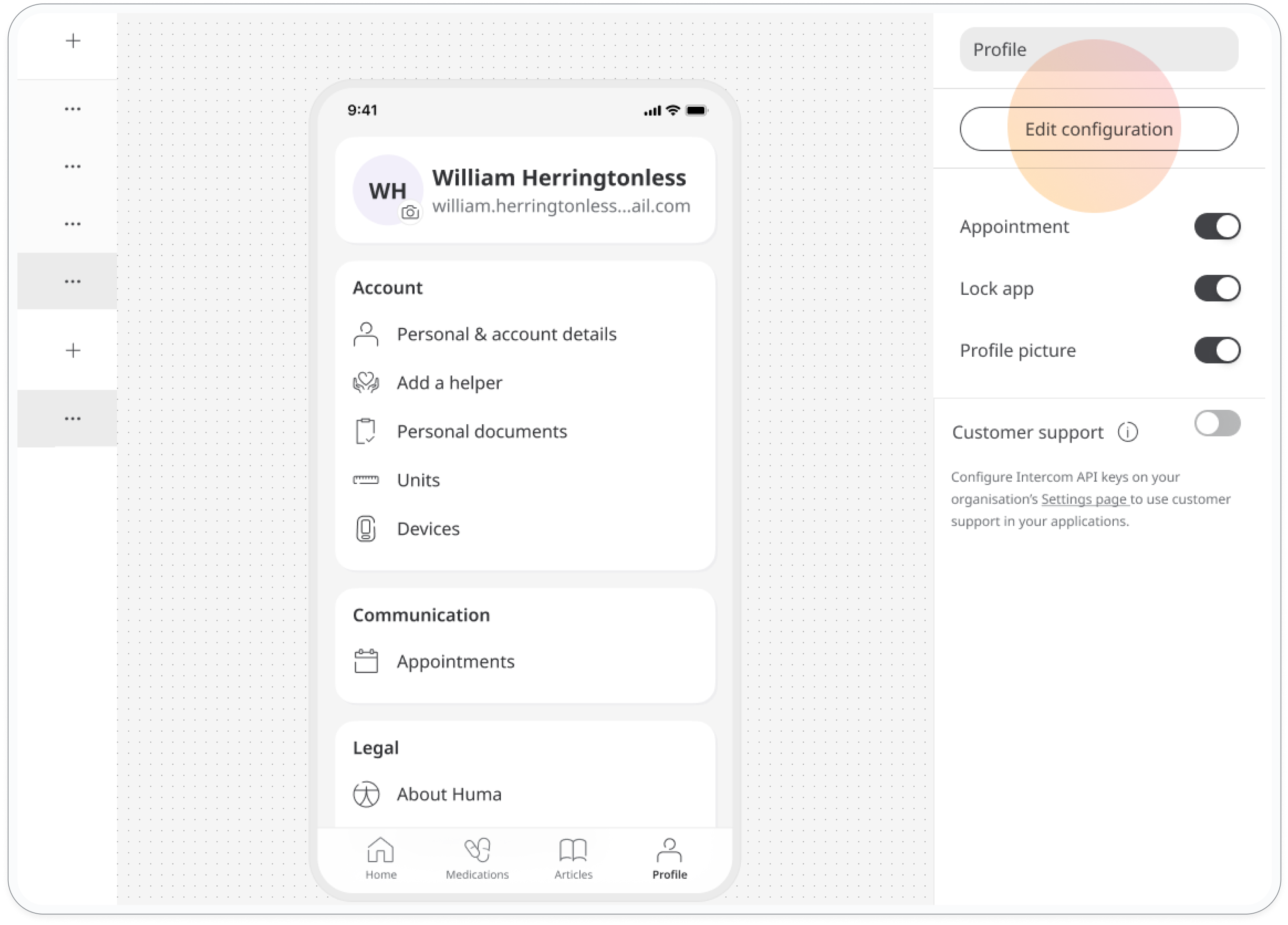 Set up the app profile page | Huma documentation